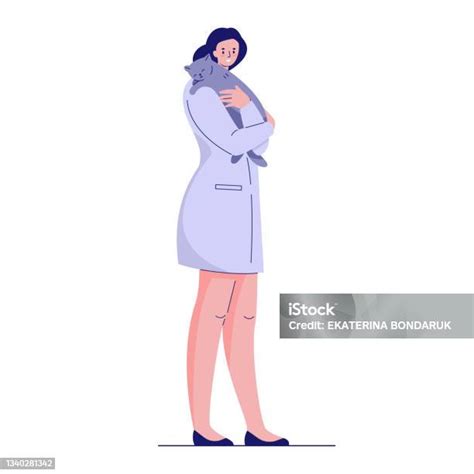 의료 용 가운을 입은 고양이와 수의사 플랫 스타일로 벡터 그림 가축에 대한 스톡 벡터 아트 및 기타 이미지 가축 간호사