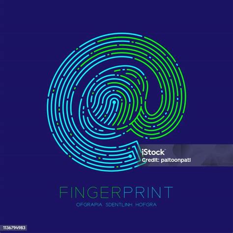 서명 아이콘 지문 스캔 패턴 로고 대시 라인 디지털 기술 온라인 개념 편집 가능한 스트로크 그림 녹색과 파란색 지문 텍스트와 어두운 파란색 배경에 고립 벡터 개성 개념에