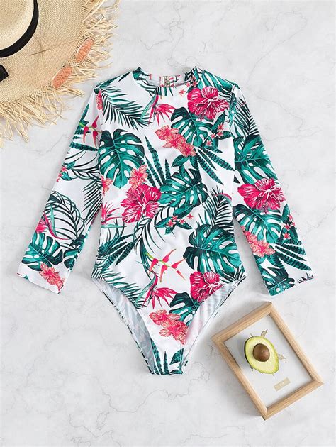 Tropical Print Cut Out Back High Neck One Piece Swimsuit Shein Usa