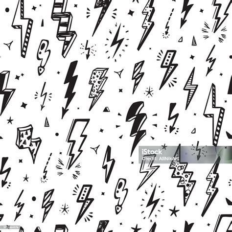 ライトニング ボルトシームレスなパターンのベクトルです描かれた落書き雷ボルト ハンドサイン落雷エネルギー サンダー ボルト警告シンボル