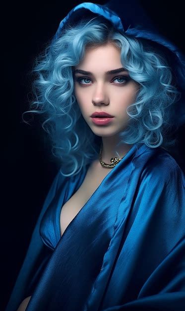 Eine Frau Mit Blauen Haaren Und Einem Blauen Kleid Mit Einer Goldenen Kette Daran Premium Foto