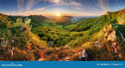 Панорама ландшафта горы весны с лесом и солнцем Стоковое Изображение