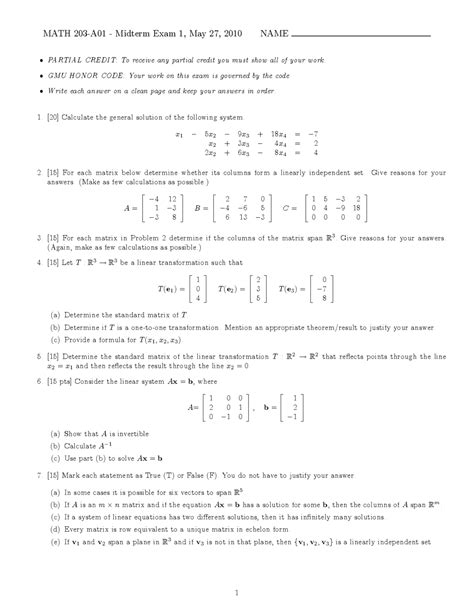 Linear Algebra Midterm Exam 2010 Math 203 Docsity