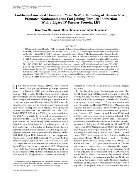 Pdf Forkhead Associated Domain Of Yeast Xrs2 A Homolog Of Human Nbs1