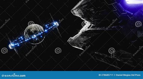 3d Render Of Large Spacecraft Flying To Futuristic Satellite Ring Around Gray Moon In Space