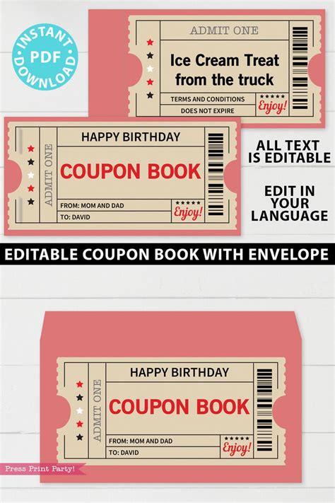 Printable Coupon Book Template Tickets Custom Birthday Coupons Book