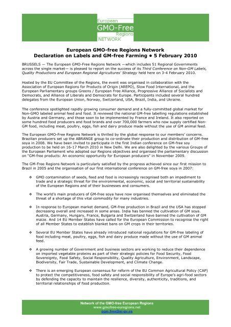 European Gmo Free Regions Network Declaration Gm Free Ireland