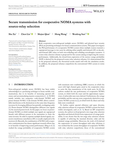 Pdf Secure Transmission For Cooperative Noma Systems With Source‐relay Selection