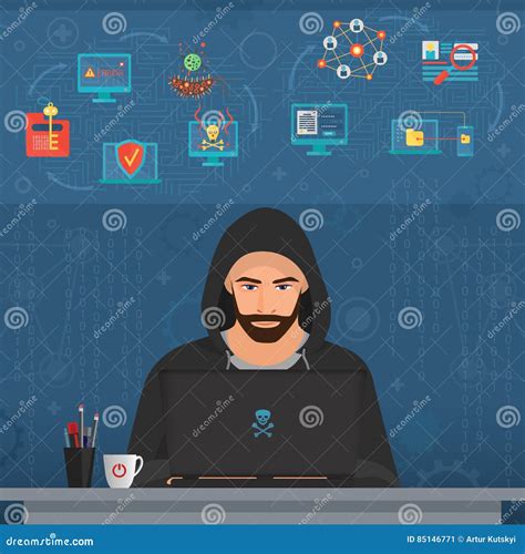 Hacker Man Hacking Secret Data On The Laptop Icon Set Modern