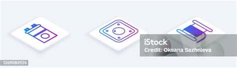 릴 또는 드럼에 등색 라인 자동차 배터리 전기 조명 스위치 및 와이어 전기 케이블을 설정합니다 흰색 정사각형 버튼 벡터 3차원 형태에 대한 스톡 벡터 아트 및 기타 이미지