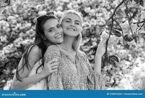 Spring Banner With Women Girlfriends Outdoor Two Young Women Relaxing