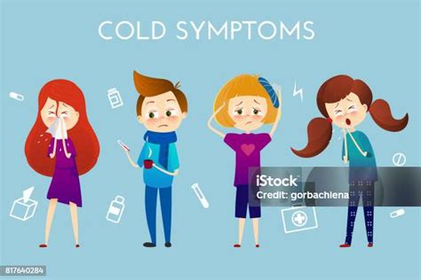 발열 질병으로 아픈 아이입니다 소년과 소녀 재채기 높은 온도 목의 통증 열 기침 두통 벡터 일러스트와 만화 스타일 질병과 질병 아이입니다 독감 감기 증상입니다 소녀에 대한