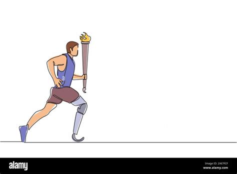 Continuous One Line Drawing Disabled Young Athlete With Prosthetic Leg