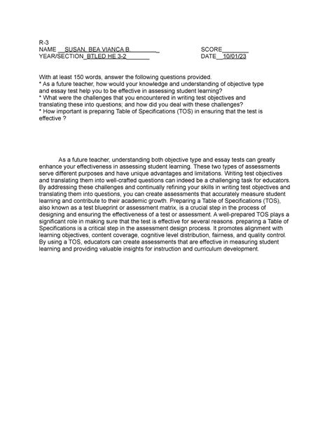 Reflection Paper R Name Susan Bea Vianca B Score Year