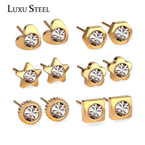 Luxusteel 6pairsboxes Various Shape Stainless Steel Earring Sets Cubic