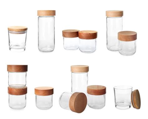 Premium Photo Collage Of Glass Jars With Wooden Lids Isolated On White