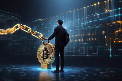 premium photo blockchain technology concept with a chain of encrypted blocks and person in