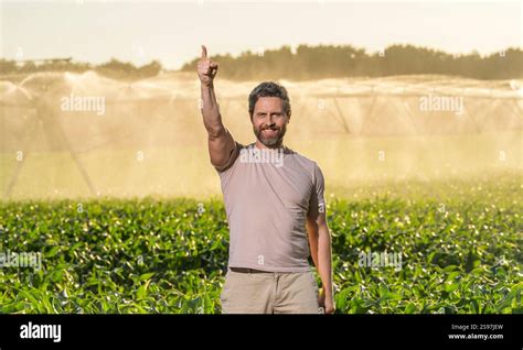Agriculture And Farming Man At Irrigation System Watering Agricultural Field Farmer Man In