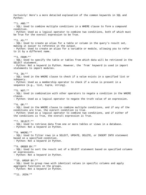 Common Keywords In Sql And Python Pdf Table Database Sql