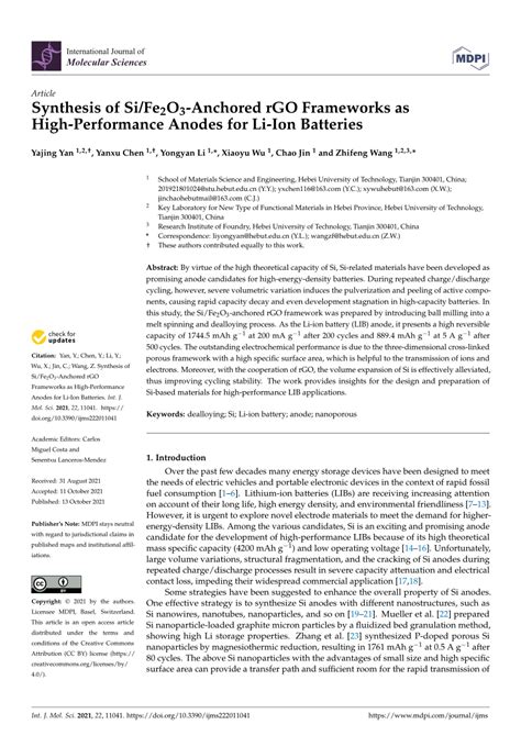 Pdf Synthesis Of Si Fe2o3 Anchored Rgo Frameworks As High Performance