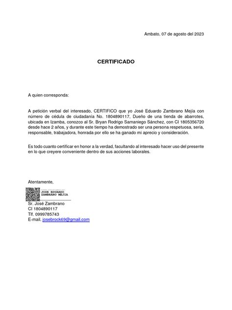 Certificado De Honorabilidad Pdf