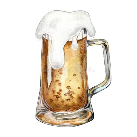 Glass Of Beer And Foam Watercolor Illustration Isolated On White
