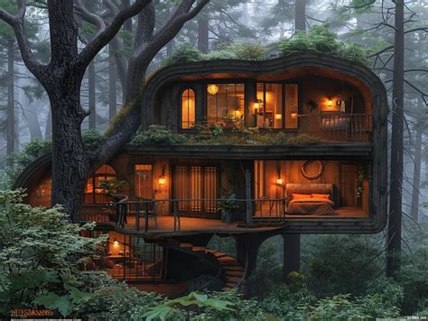Premium Photo Rustic Treehouse For Adults With Cozy Interiors And