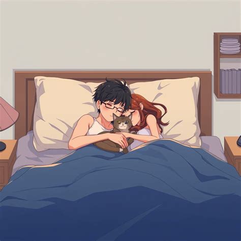 Romantic Couple Cuddling In Bed With Adorable Feli Ai Art