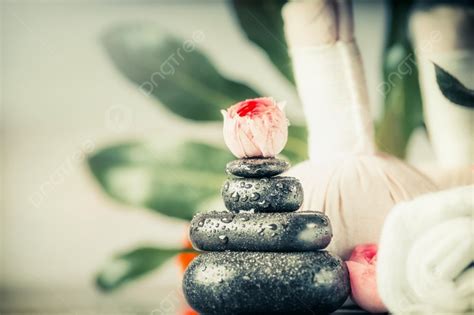 Spa Hot Stone Massage Concept With Flowers And Palm Leaves Photo