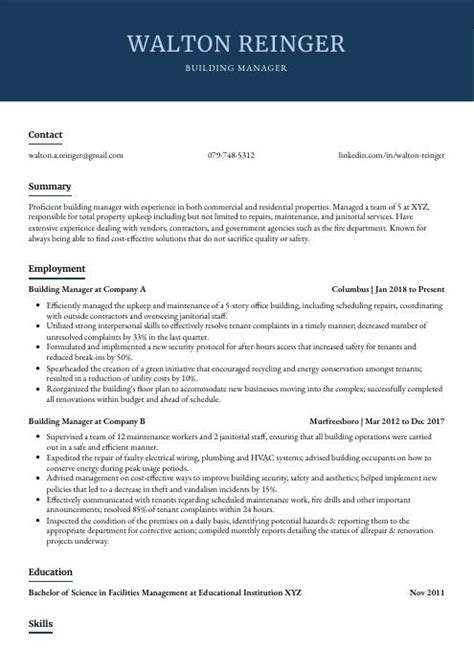 Building Manager Resume Cv Example And Writing Guide