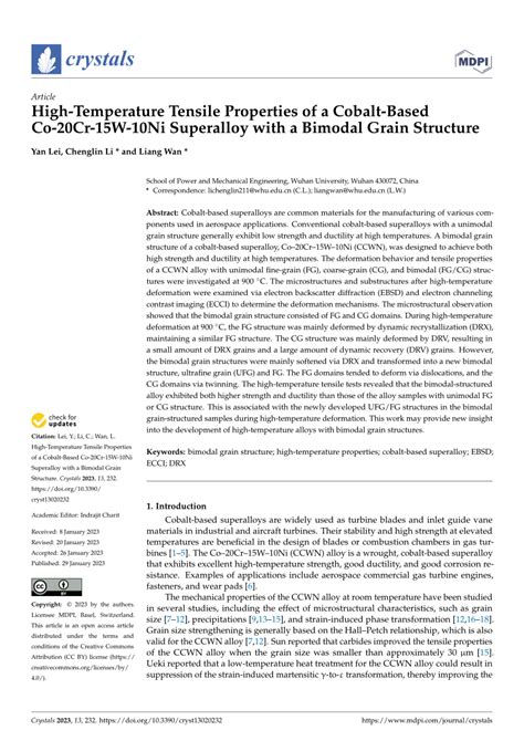 Pdf High Temperature Tensile Properties Of A Cobalt Based Co 20cr 15w 10ni Superalloy With A