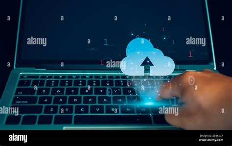 Human Uses Laptop For Download And Backup By Digital Cloud Network Technology Cloud Computing