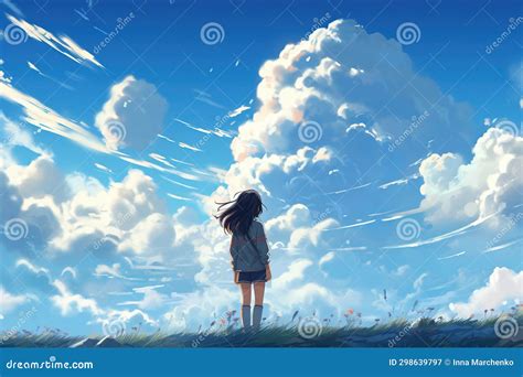 A Girl Looking Out Into The Clouds Anime Style Stock Illustration
