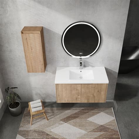 Vynxaria 36 In Single Wall Mounted Imitation Oak Plywood Bath Vanity With White Resin Top Kd