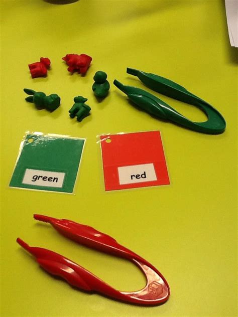 Using Jumbo Tweezers To Sort Objects Using Colour This Activity Develops Fine Motor Skills As