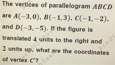 Solved The Vertices Of Parallelogram Abcd Are A 3 0 B 1 3 C 1 2 And D 3 5 If The