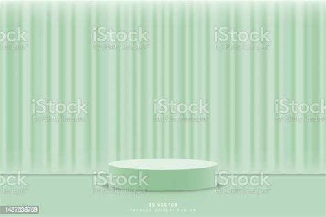 추상적인 3d 녹색 실린더 연단 받침대 무대는 호화로운 커튼 배경으로 현실적이다 쇼 제품 모형 또는 템플릿을 위한 무대 3d