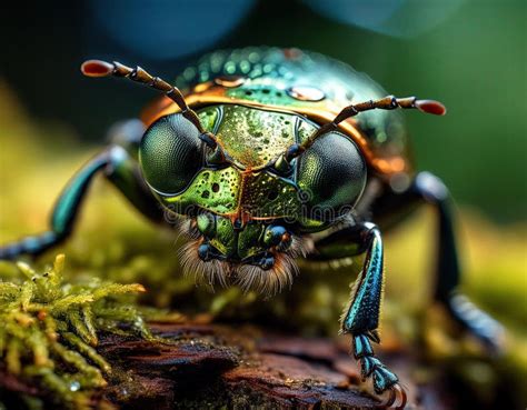 Metallic Green Beetle Posing On Mossy Bark Macro Photography Stock