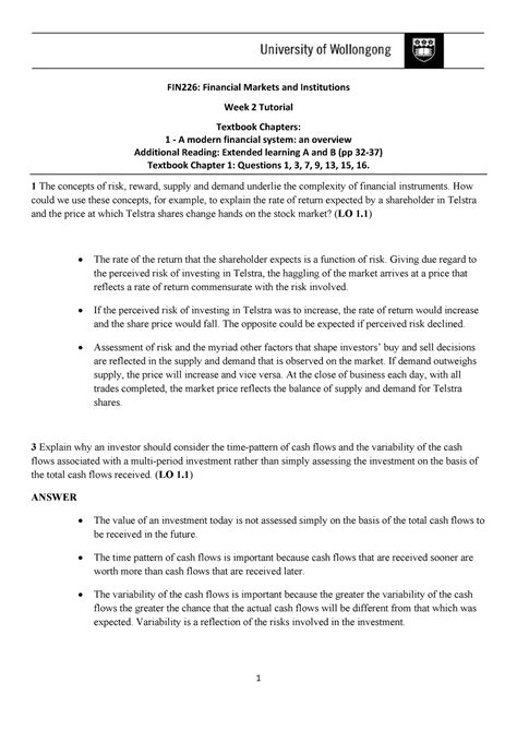 Fin226 Tutorial Solution Week2 22 Fin226 Financial Markets And Institutions Week 2 Tutorial