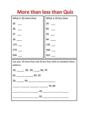 10 more than or 10 less than test 10 by squidley teaching resources