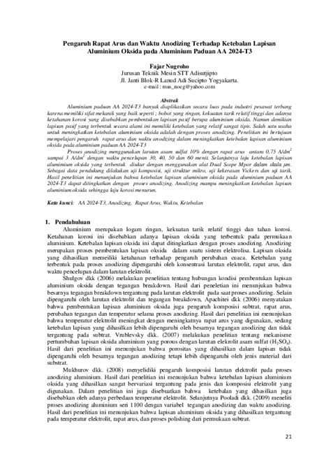 Pdf Pengaruh Rapat Arus Dan Waktu Anodizing Terhadap Ketebalan