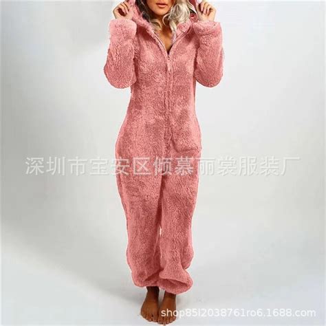 2022新款欧美秋冬款女装跨境外贸加绒加厚毛毛连体裤连帽睡衣17色 阿里巴巴