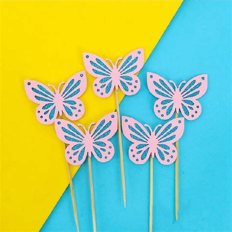 Glitter Pink Butterfly Paper Card Cake Topper Plug In Baking Props