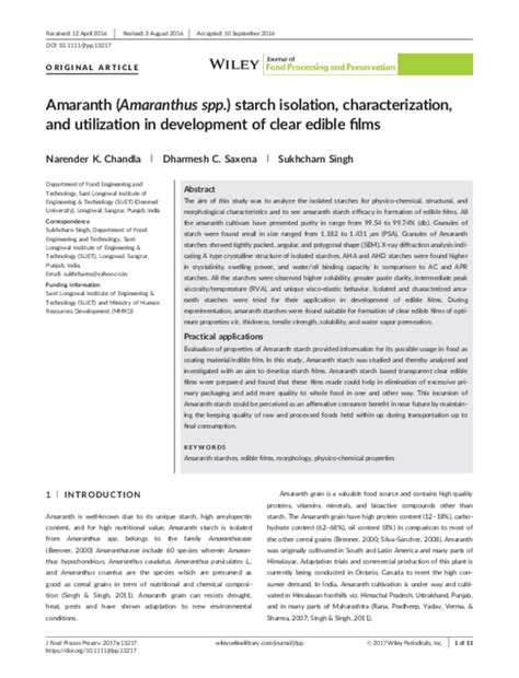 Pdf Amaranth Amaranthus Spp Starch Isolation Characterization And Utilization In