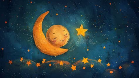 Whimsical Moon And Stars A Happy Moon With A Star Balloon Surrounded