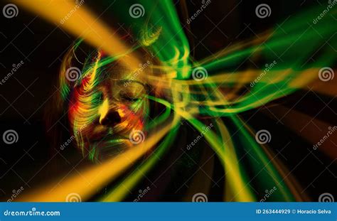 Face Of A Woman With Colored Lights Superimposed On Orange Lines Stock Image Image Of Mental