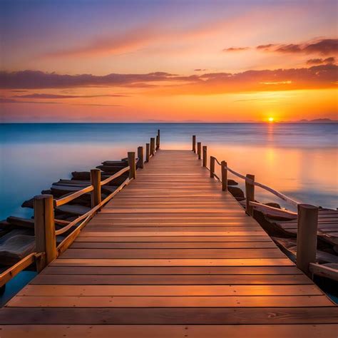 Captivating Ocean Sunset Scene From Wooden Dock Premium Ai Generated