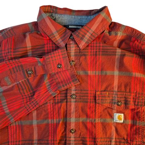 Carhartt Rugged Flex Mens 2xl Red Plaid Button Up Shirt Long Sleeve
