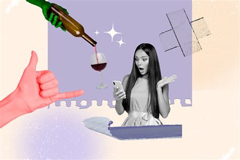 합성 3d 사진 삽화 그래픽 콜라주 젊은 충격 소녀 주문 알코올 온라인 아이폰 배송 속도 와인 병 Pour Shaka 절연 그린 배경 20 24세에 대한 스톡 사진 및 기타