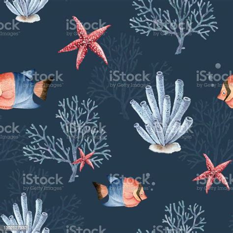 青い背景にカラフルな魚やサンゴと海洋スタイルのシームレスなパターンイラスト水彩画の手を描いた ひれのベクターアート素材や画像を多数ご用意